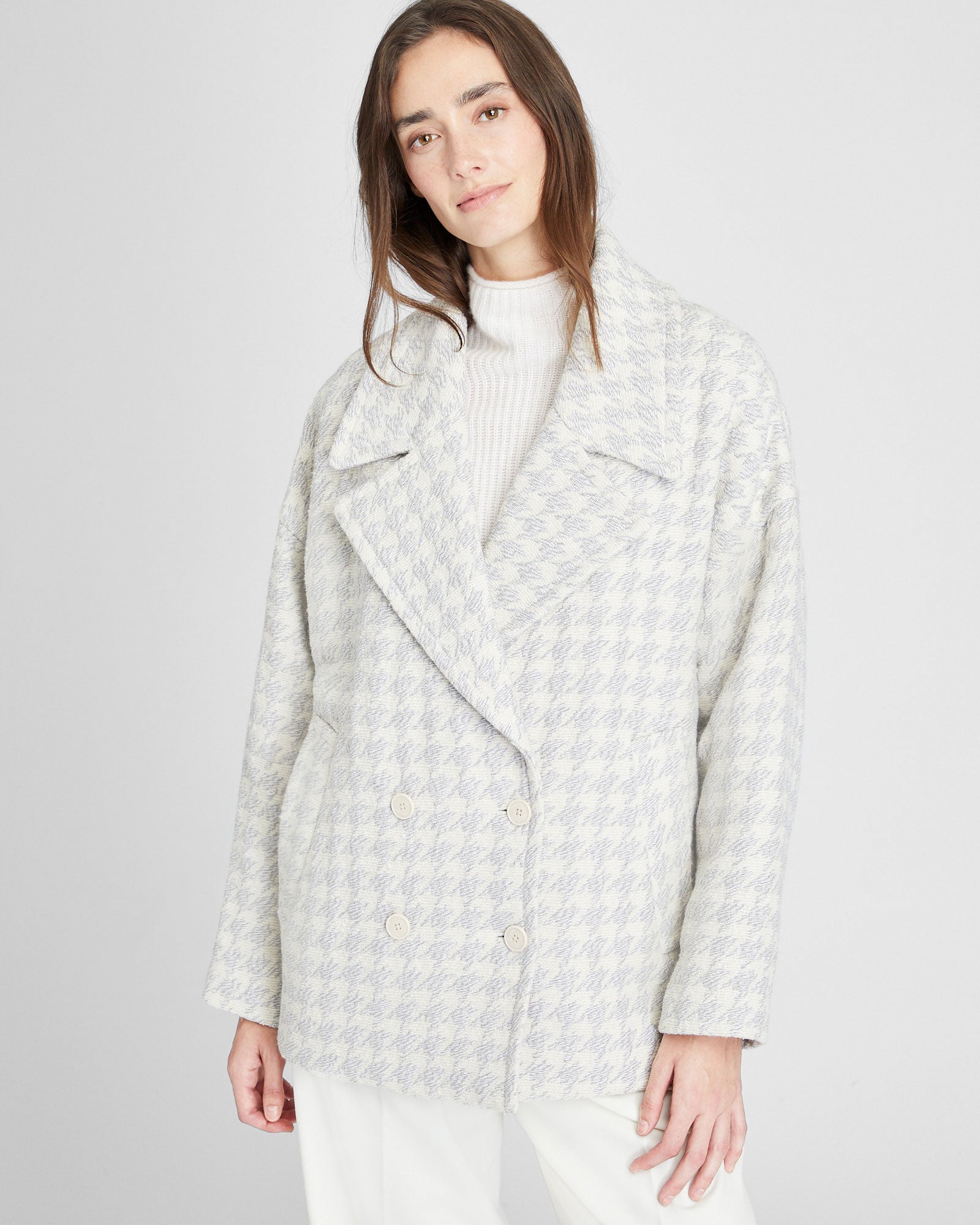 Women's Light Heather Grey Short Double-Breasted Textured Relaxed Coat ...