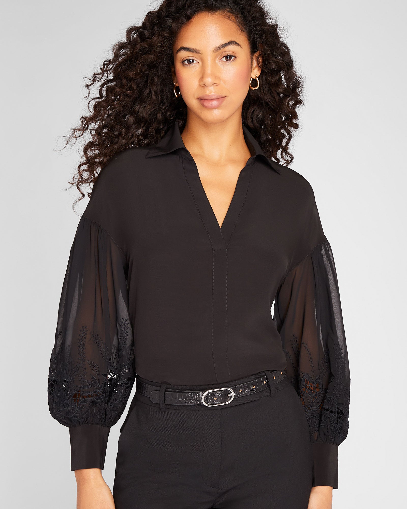 Women's Black Embroidered Balloon Sleeve Blouse | CLUB MONACO CA