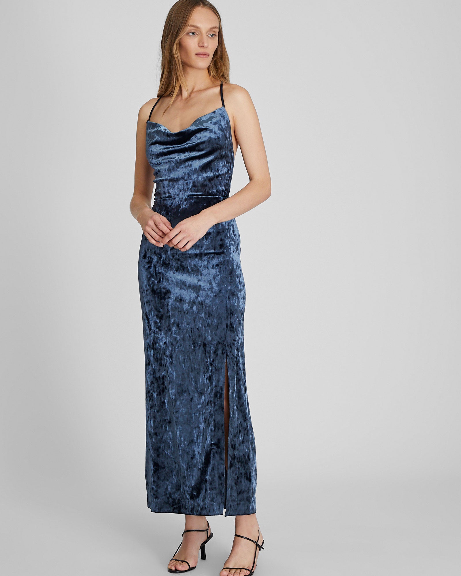 Women's Navy Velvet Cowl Neck Dress | CLUB MONACO CA