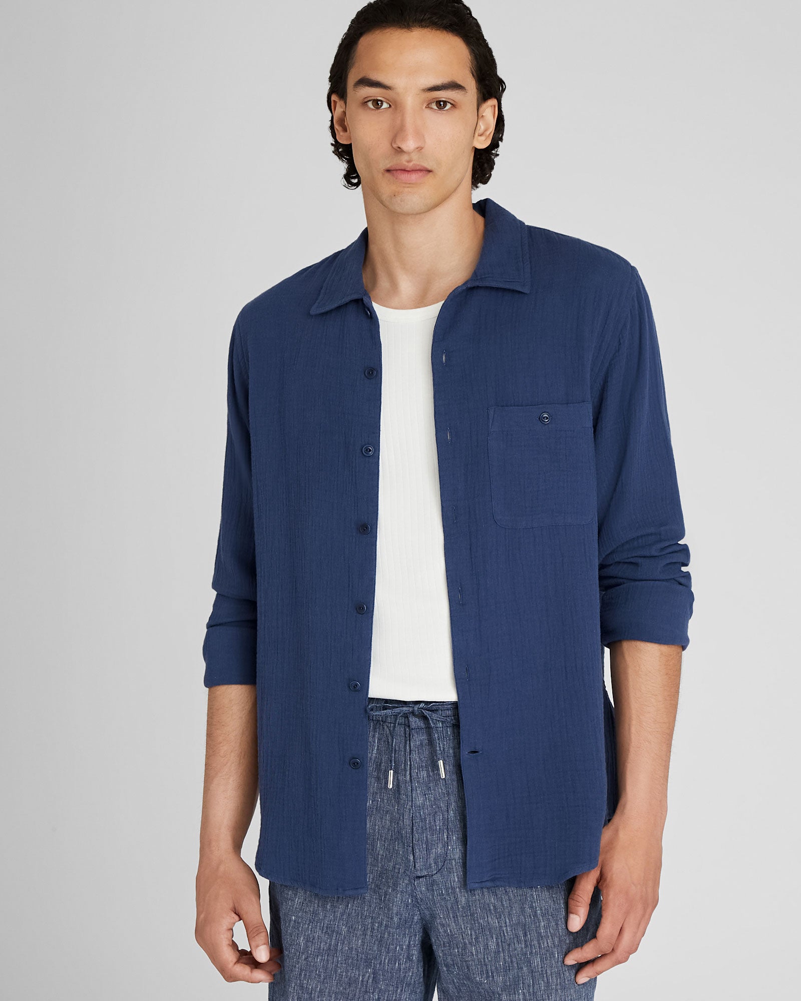 Men's Medium Blue Base Long-Sleeve Summer Doubleface Shirt | Club Monaco CA